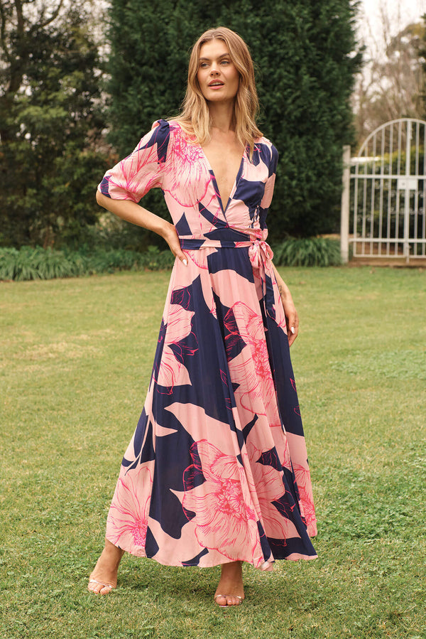Ronda Maxi Wrap Dress In Navy With Blush Flower Print – St Frock