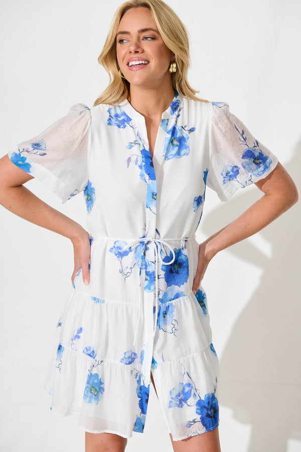 Lorea Dress in White with Blue Floral – St Frock