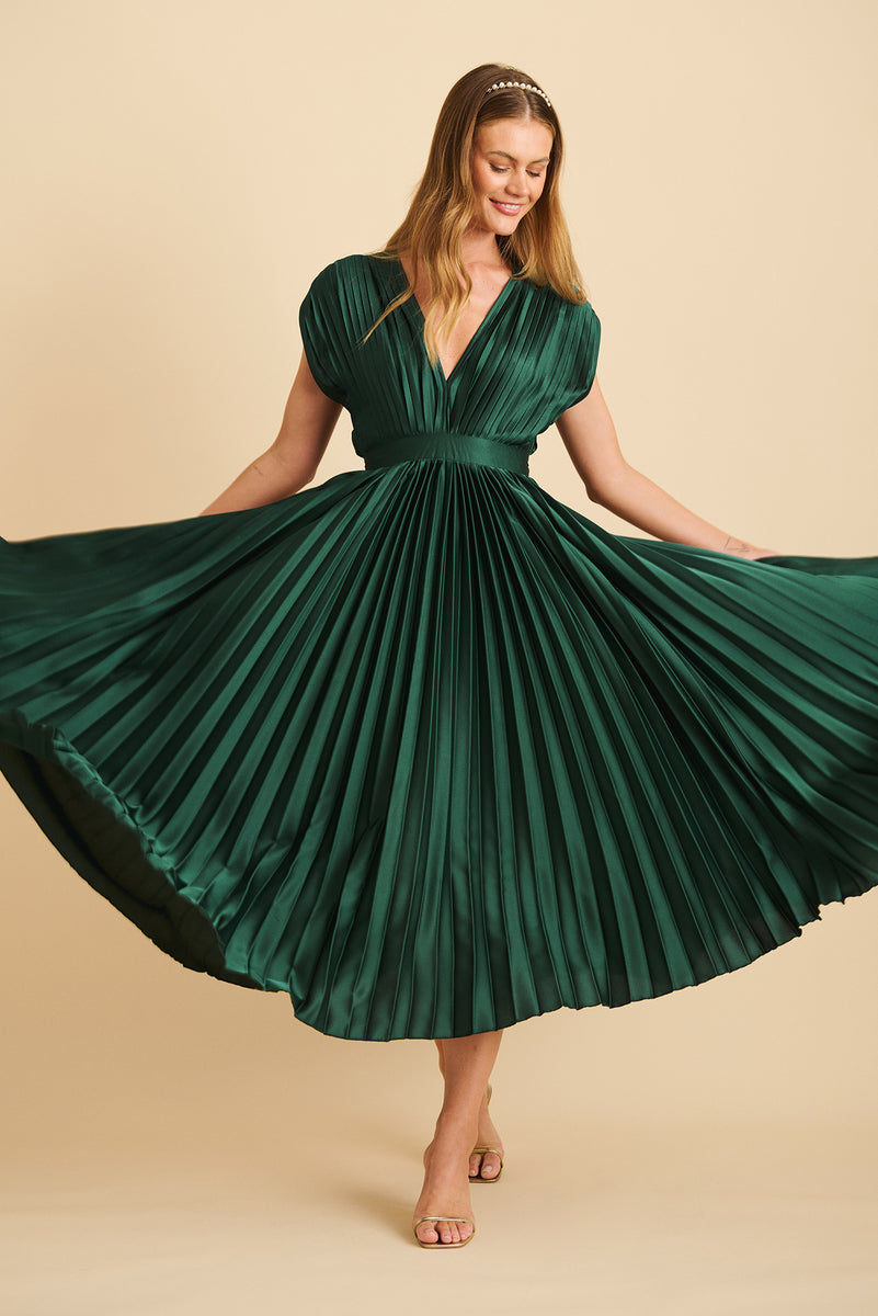 Anetta Midi Dress In Pleated Emerald Satin – St Frock