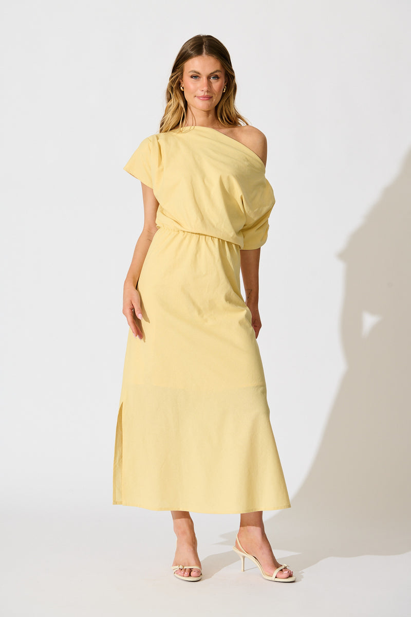 Saffron Sky Maxi Off Shoulder Dress in Butter Yellow Cotton – St Frock