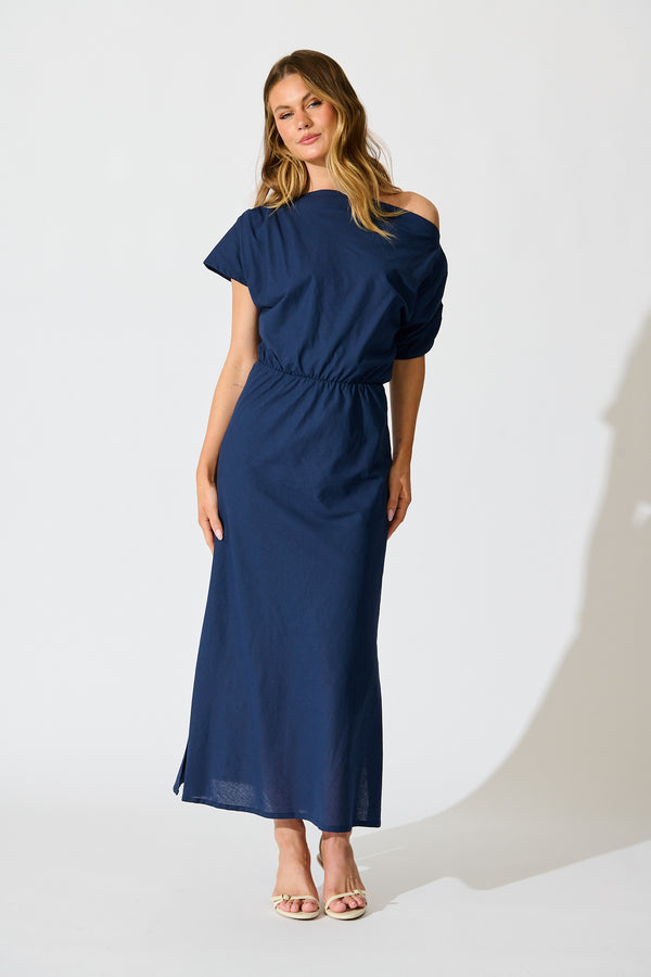 Saffron Sky Maxi Off Shoulder Dress in Navy Cotton – St Frock