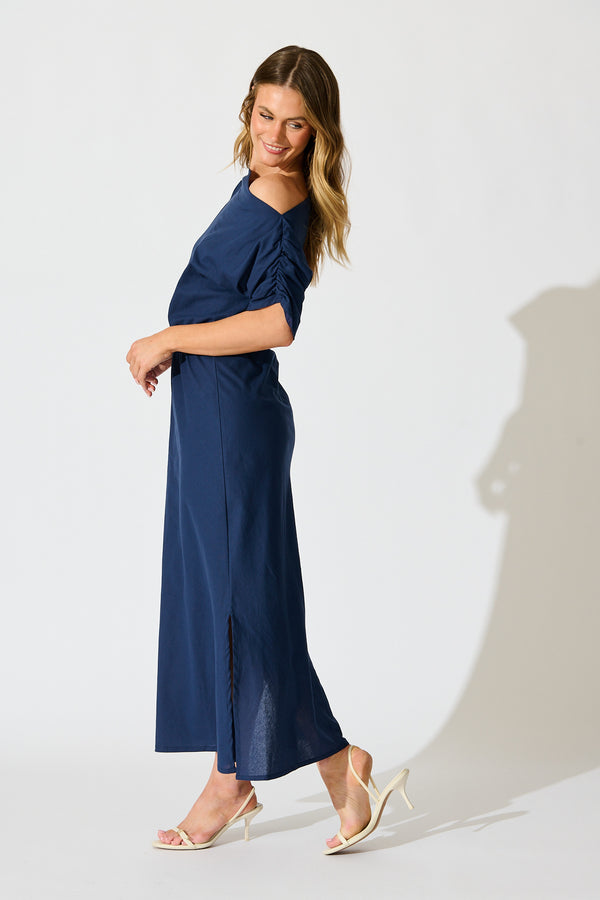 Saffron Sky Maxi Off Shoulder Dress in Navy Cotton – St Frock
