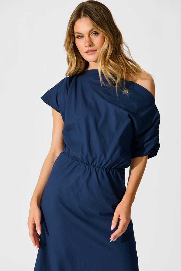 Saffron Sky Maxi Off Shoulder Dress in Navy Cotton – St Frock