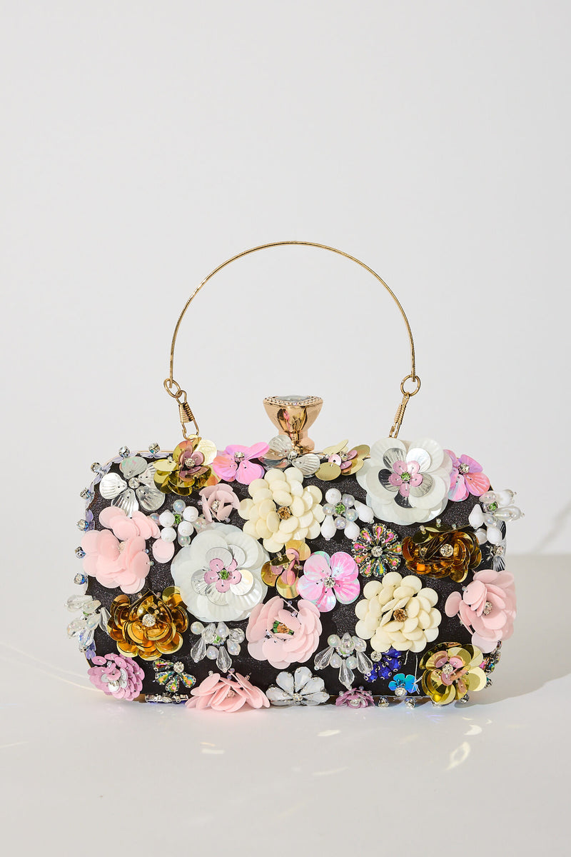 Quinn Clutch Bag in Black with 3D Multi Sequin Floral – St Frock