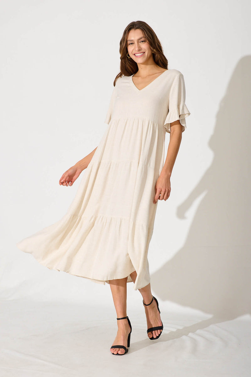 Kristen Midi Smock Dress In Oatmeal Linen Blend – St Frock