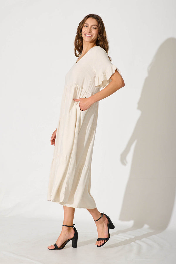 Kristen Midi Smock Dress In Oatmeal Linen Blend – St Frock