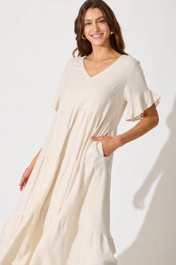 Kristen Midi Smock Dress In Oatmeal Linen Blend – St Frock