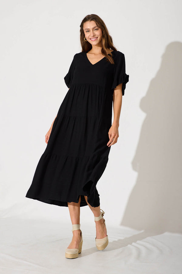 Kristen Midi Smock Dress In Black Linen Blend – St Frock