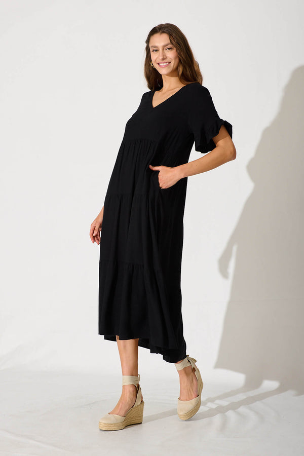 Kristen Midi Smock Dress In Black Linen Blend – St Frock