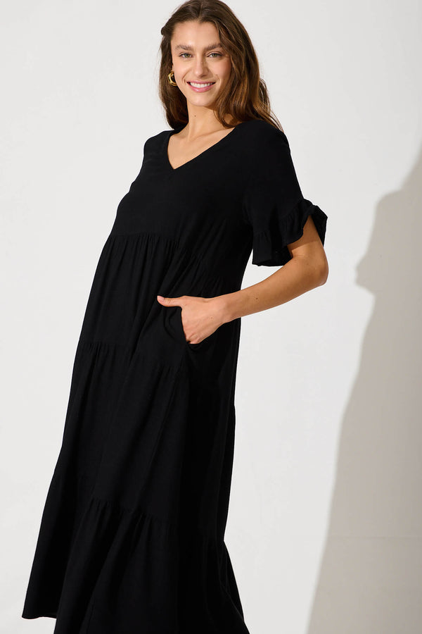 Kristen Midi Smock Dress In Black Linen Blend – St Frock