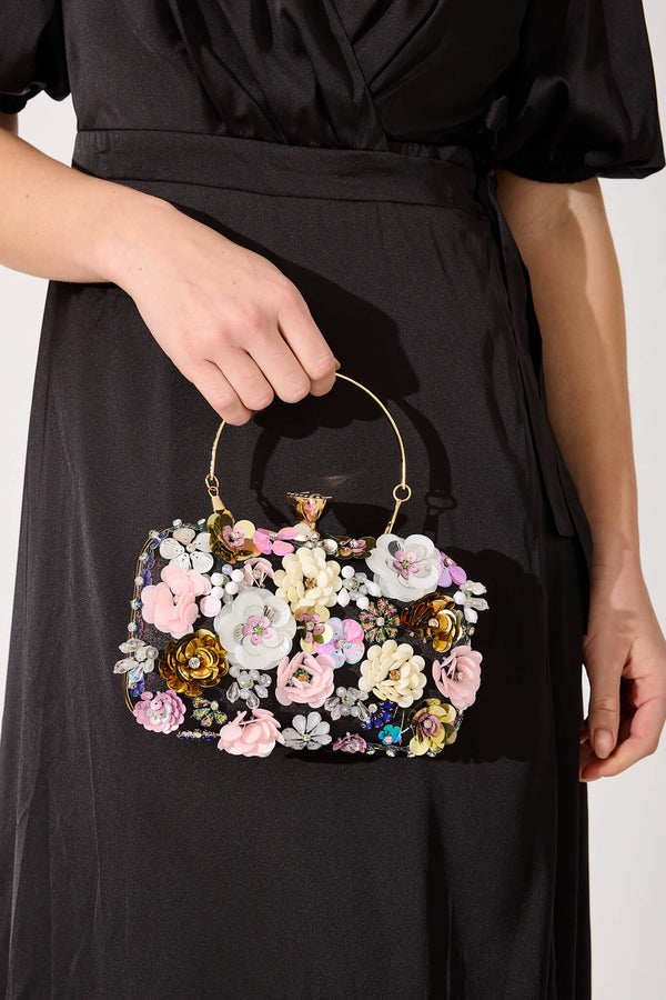 Quinn Clutch Bag in Black with 3D Multi Sequin Floral – St Frock