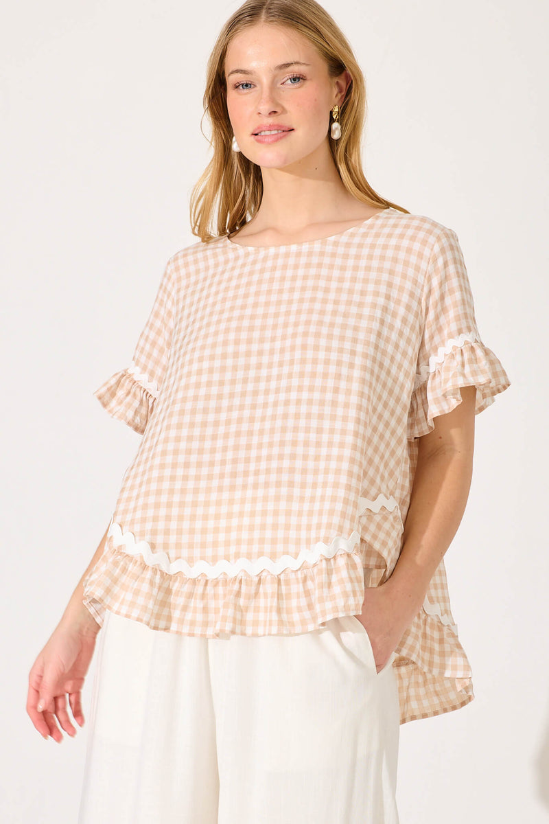 Catharina Top In Beige Gingham And Ric Rac Trim Cotton Blend – St Frock