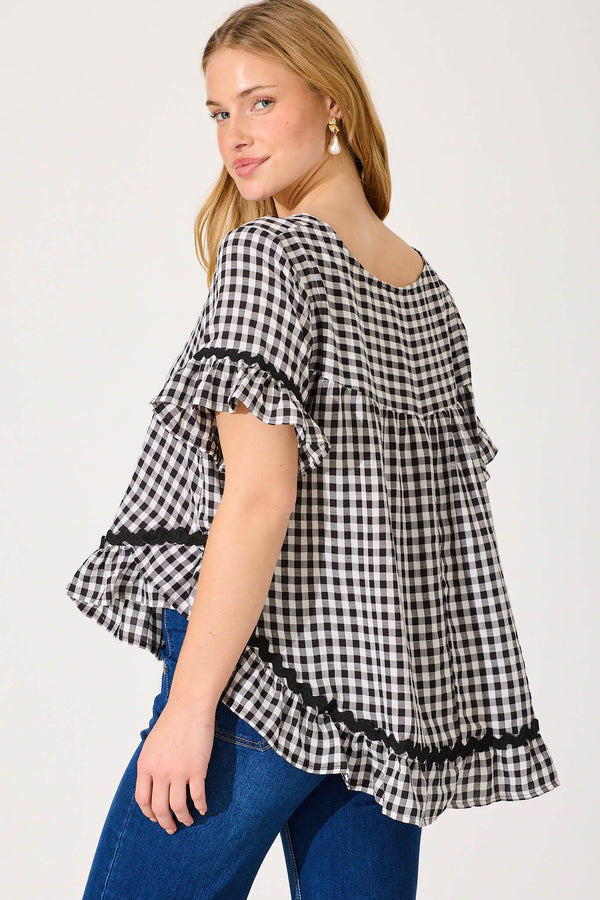 Catharina Top In Black Gingham And Ric Rac Trim Cotton Blend – St Frock