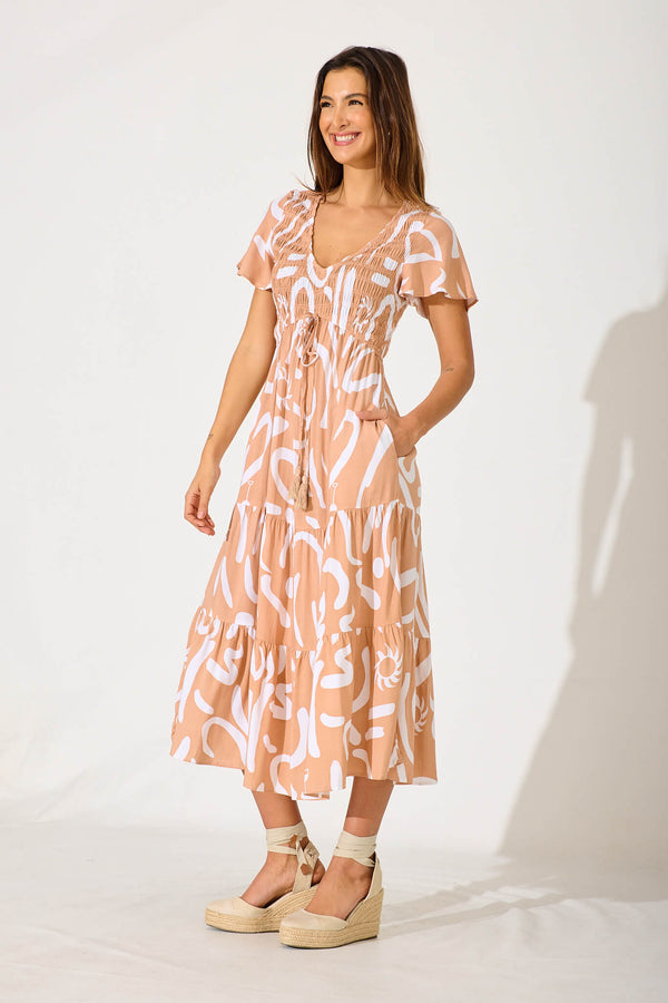 Ray Of Light Midi Dress In Beige With White Print – St Frock