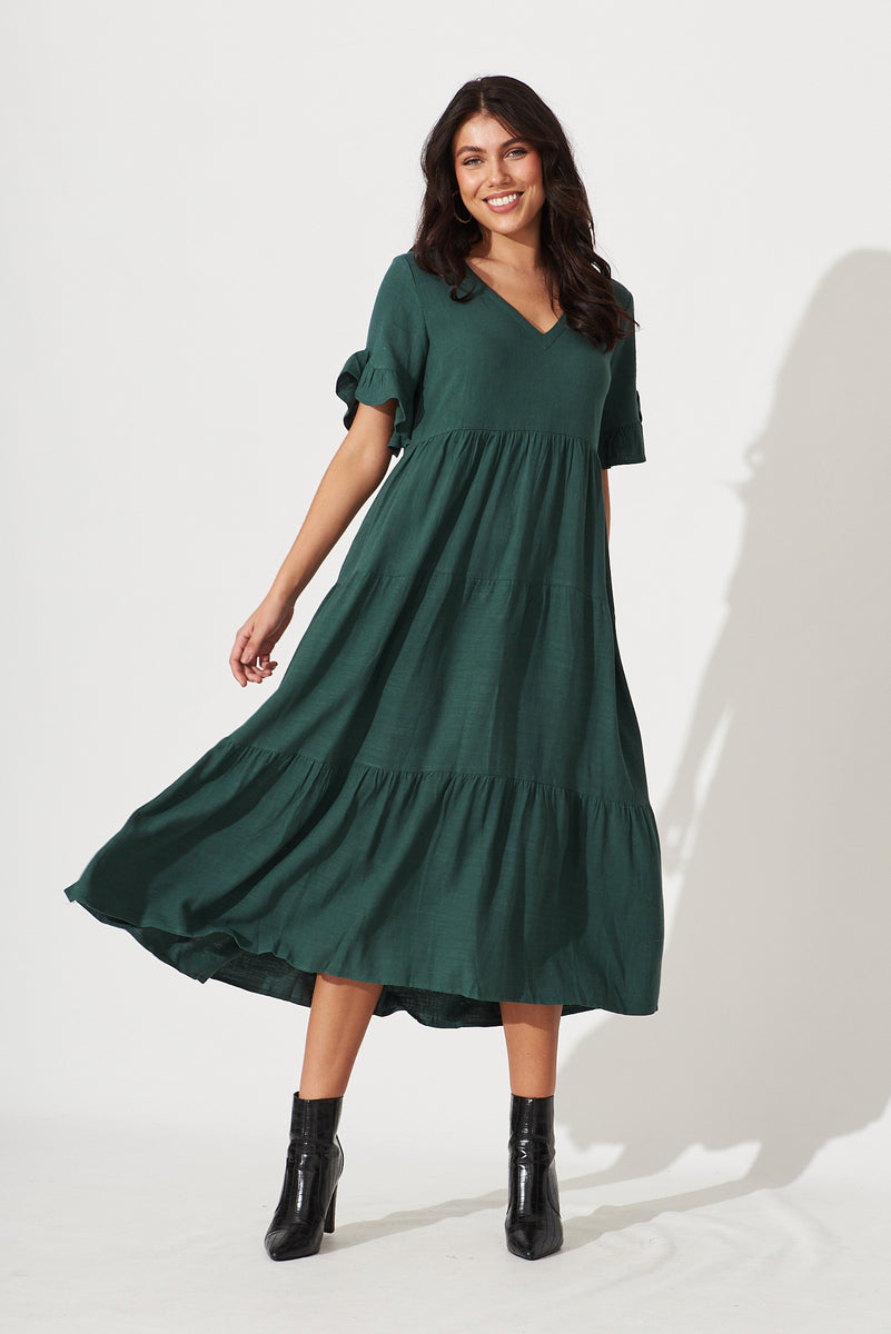 Kristen Midi Smock Dress In Green Linen Blend – St Frock