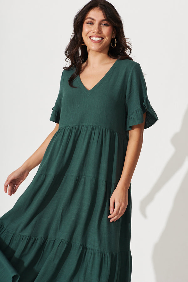 Kristen Midi Smock Dress In Green Linen Blend – St Frock