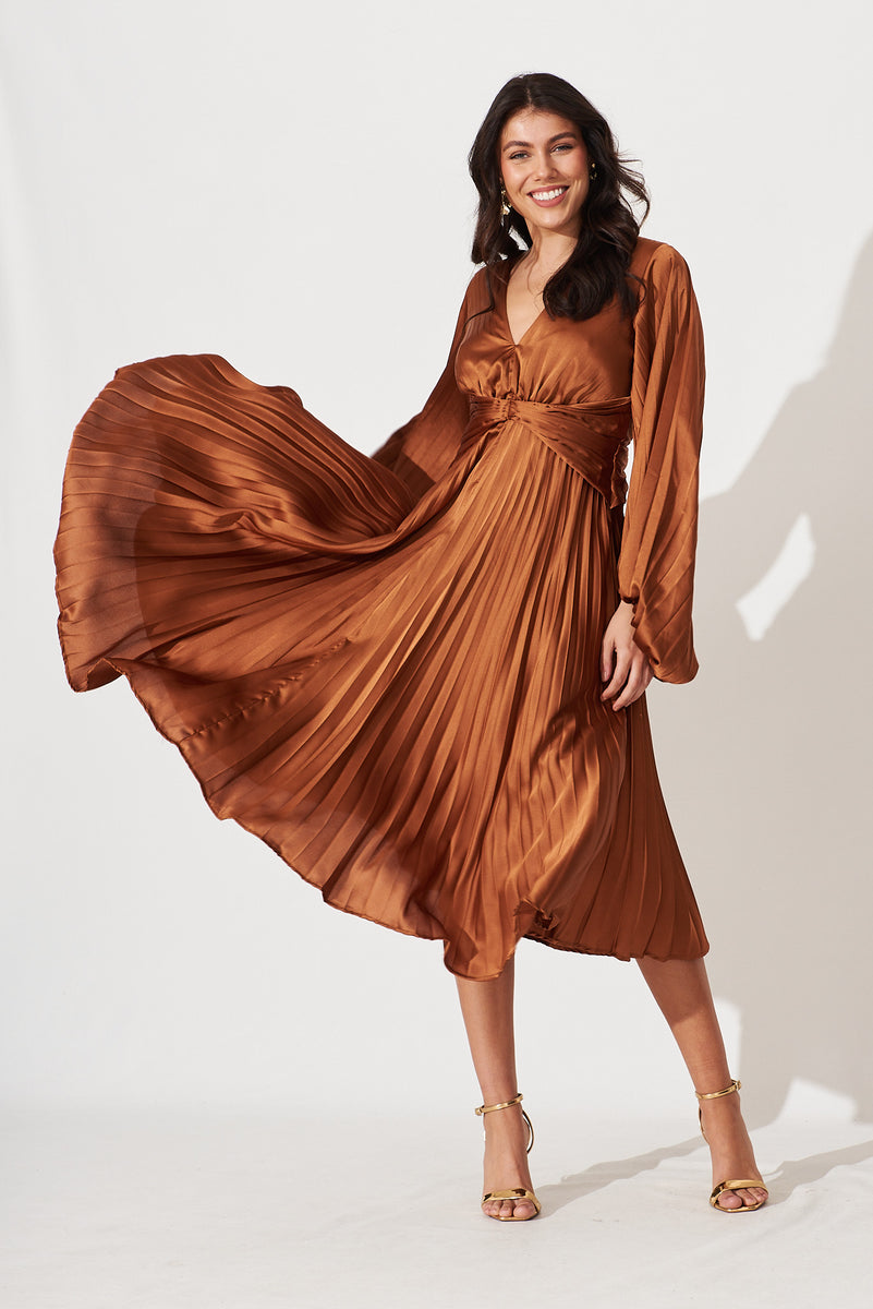Florice Midi Dress In Pleated Bronze Satin – St Frock