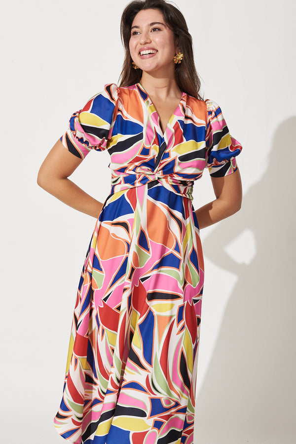 Roberta Midi Dress In Pink With Navy Multi Swirl Print Satin – St Frock