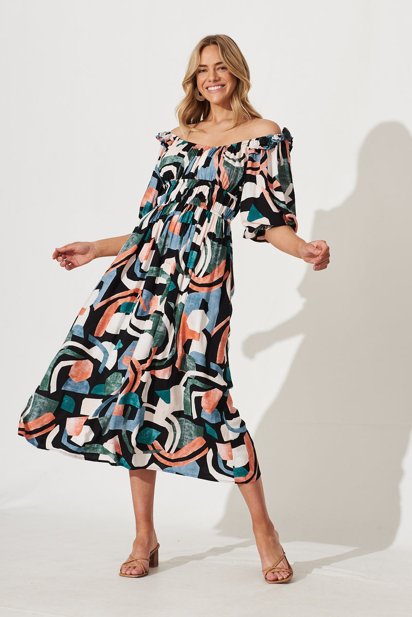Peyton Midi Dress In Black With Multi Swirl Print – St Frock