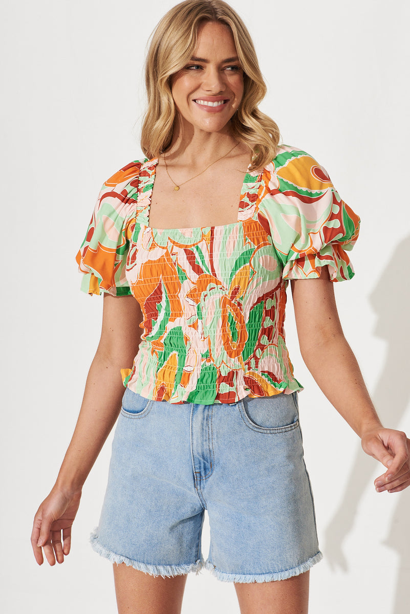 Ohio Top In White With Orange Multi Print – St Frock