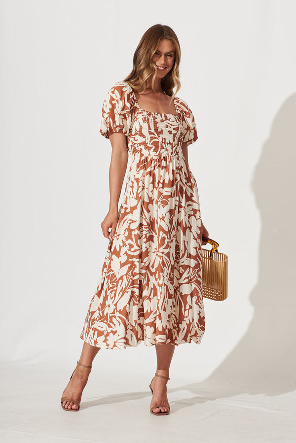 Mariam Midi Dress In Brown With Cream Floral – St Frock