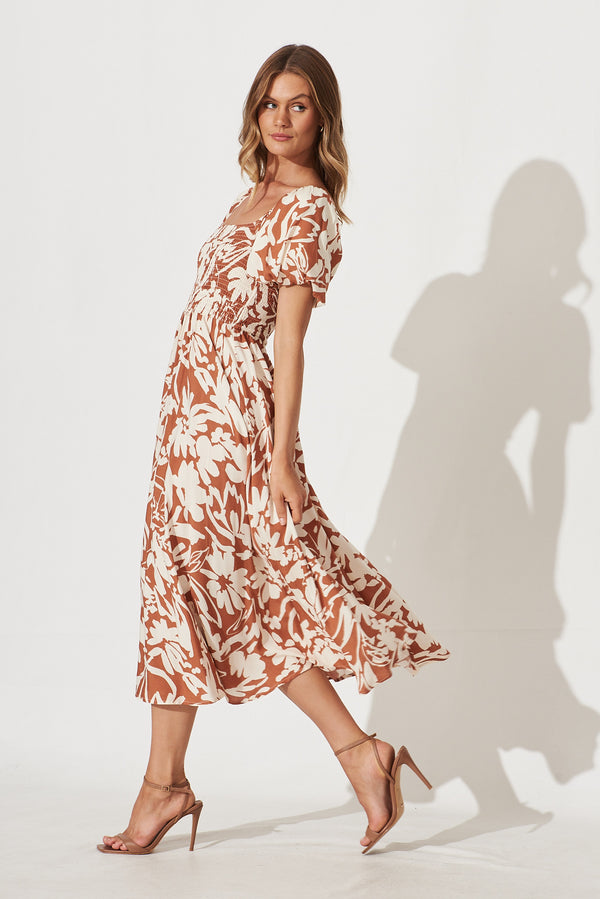 Mariam Midi Dress In Brown With Cream Floral – St Frock