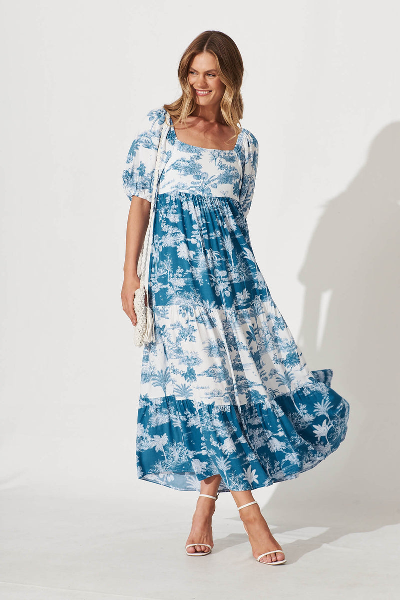 Atlantis Maxi Dress In Blue With White Palm Print – St Frock