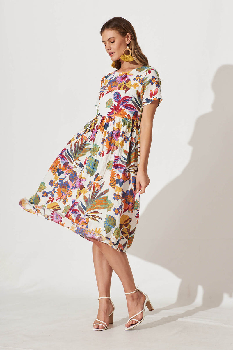 Sonya Smock Midi Dress In White With Bright Multi Floral – St Frock