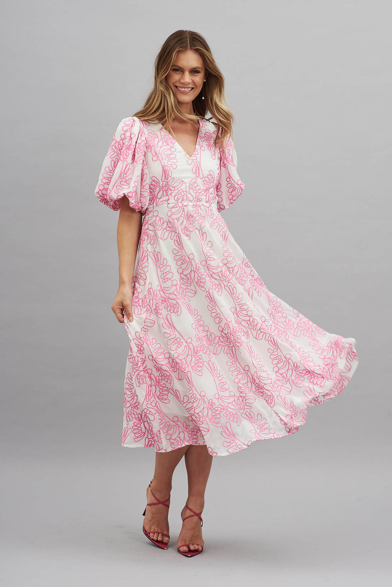 Tiffany Maxi Dress In White With Raspberry Embroidery – St Frock