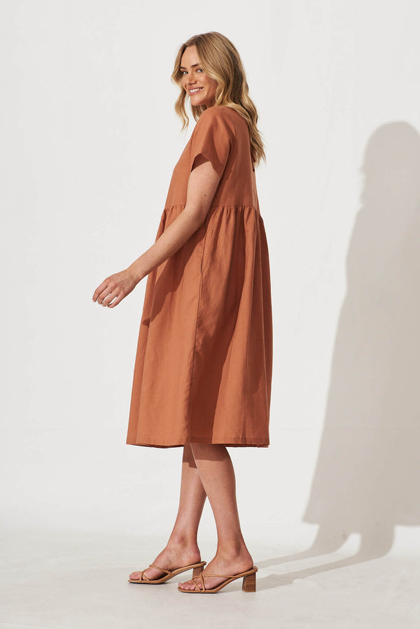Seaside Midi Smock Dress In Rust Linen Cotton – St Frock