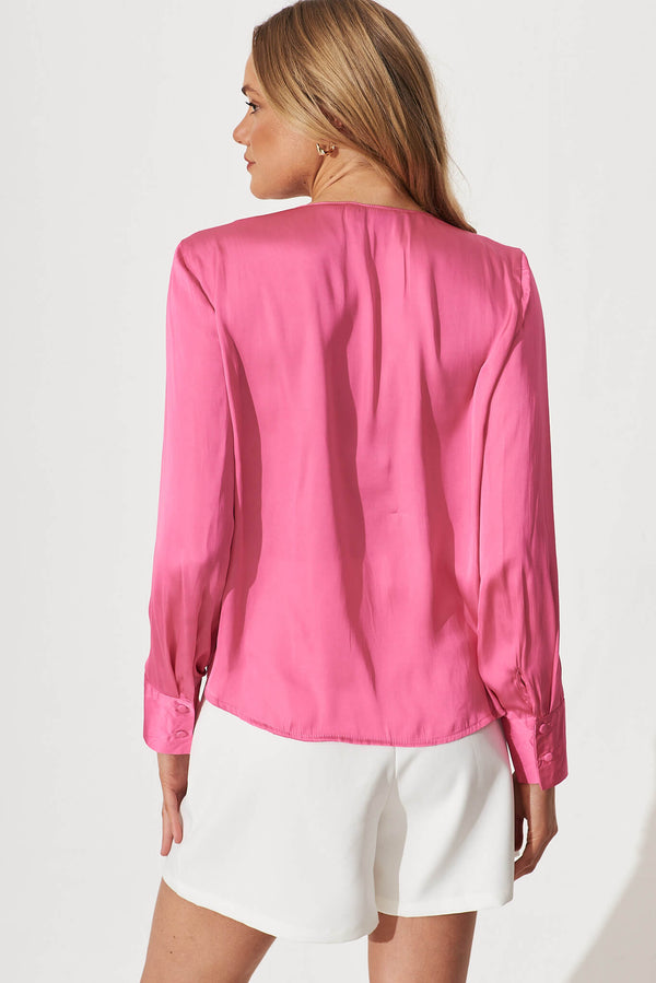 Lara Mock Wrap Top In Pink Satin – St Frock