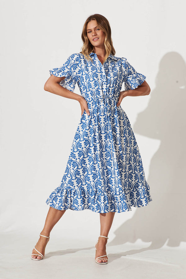 Aiken Midi Dress In Blue With White Print Cotton – St Frock