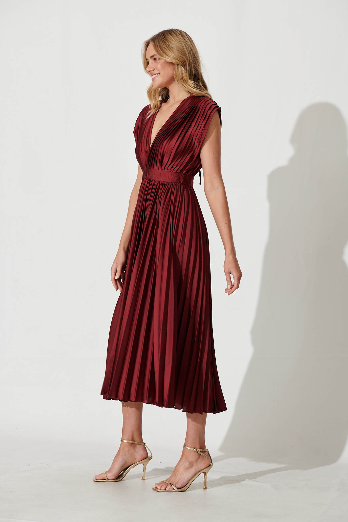 Anetta Midi Dress In Pleated Wine Satin – St Frock