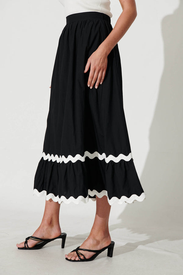 Letitia Midi Skirt In Black With White Ric Rac Trim Cotton – St Frock