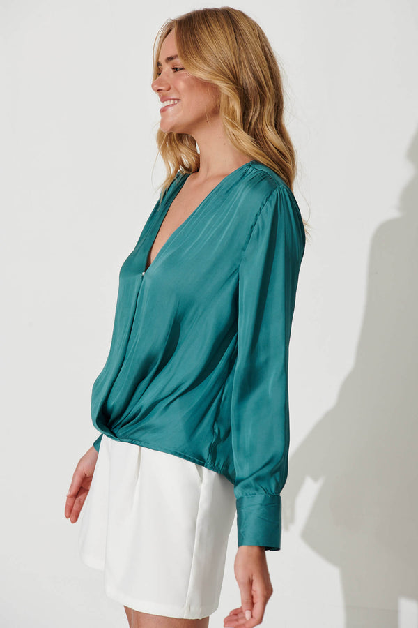 Lara Mock Wrap Top In Sea Green Satin – St Frock