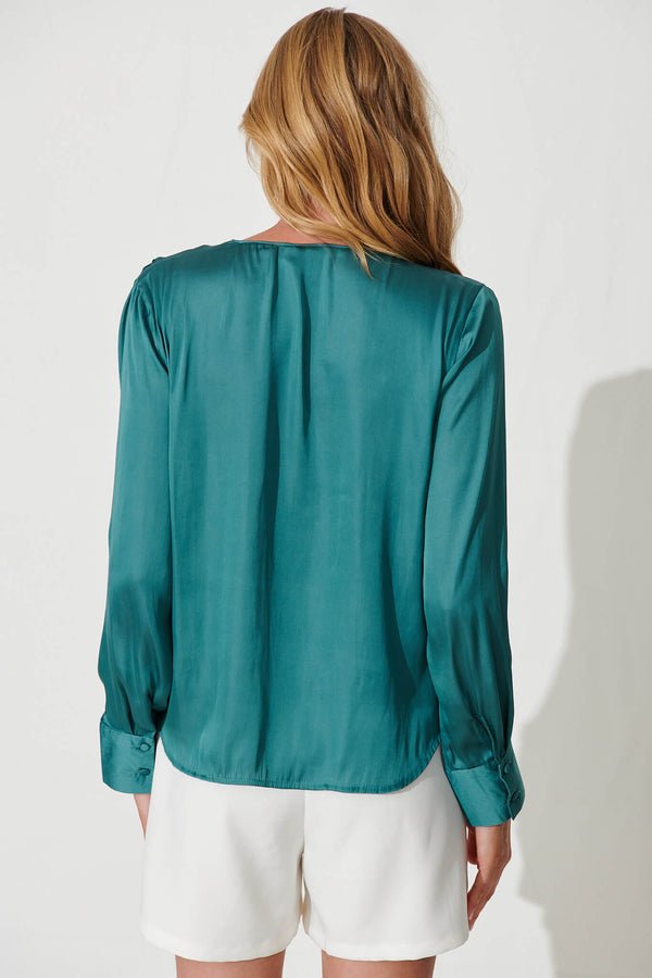 Lara Mock Wrap Top In Sea Green Satin – St Frock
