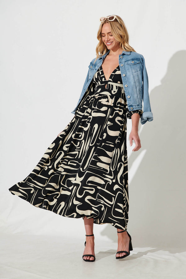 Melski Maxi Dress In Black With Cream Swirl Print – St Frock