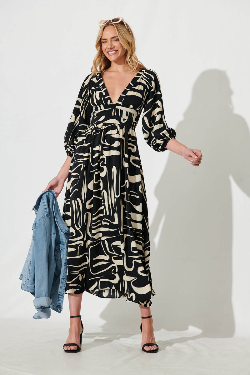 Melski Maxi Dress In Black With Cream Swirl Print – St Frock
