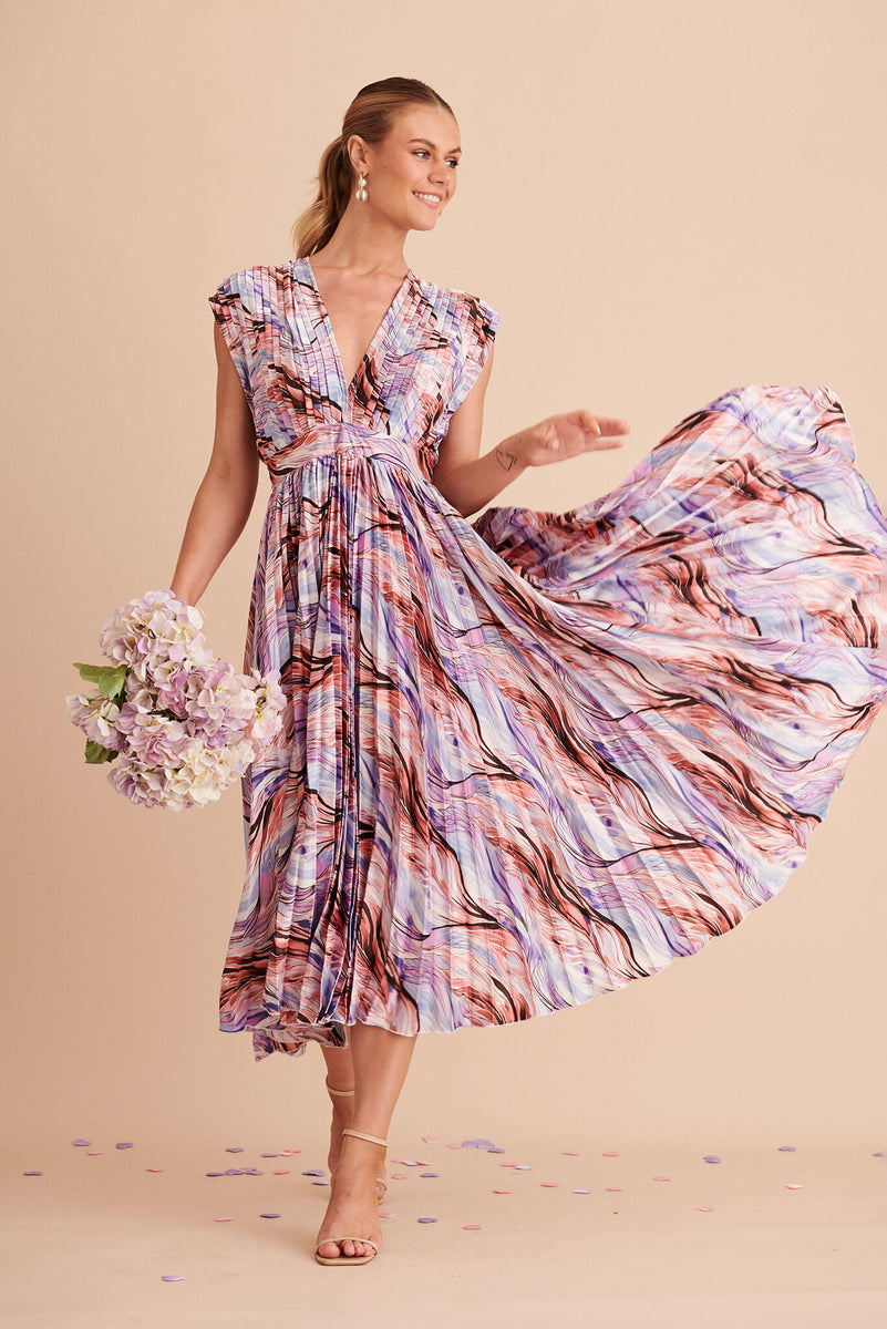 Anetta Midi Dress In Rust With Purple Swirl Print Satin – St Frock