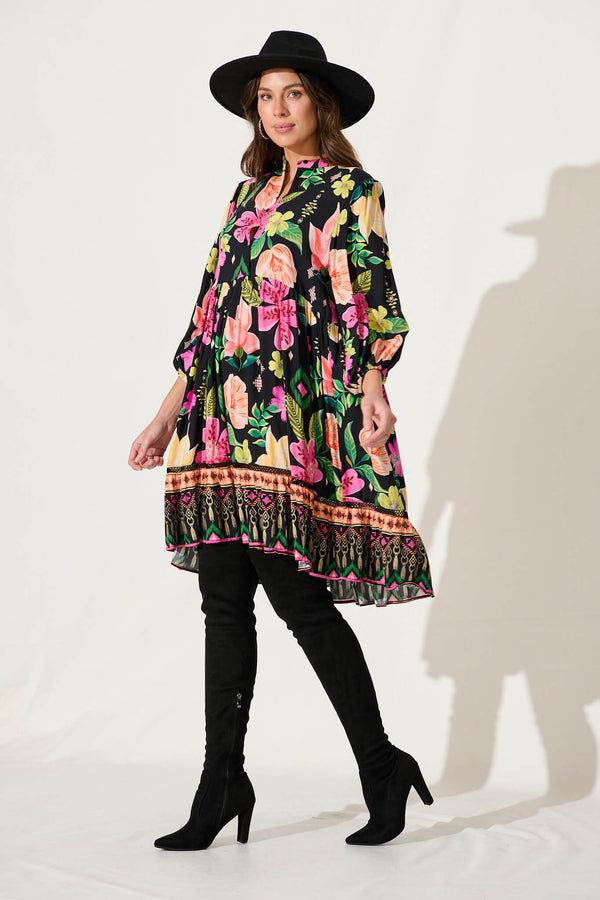 Mimi Smock Dress In Black With Bright Multi Floral – St Frock
