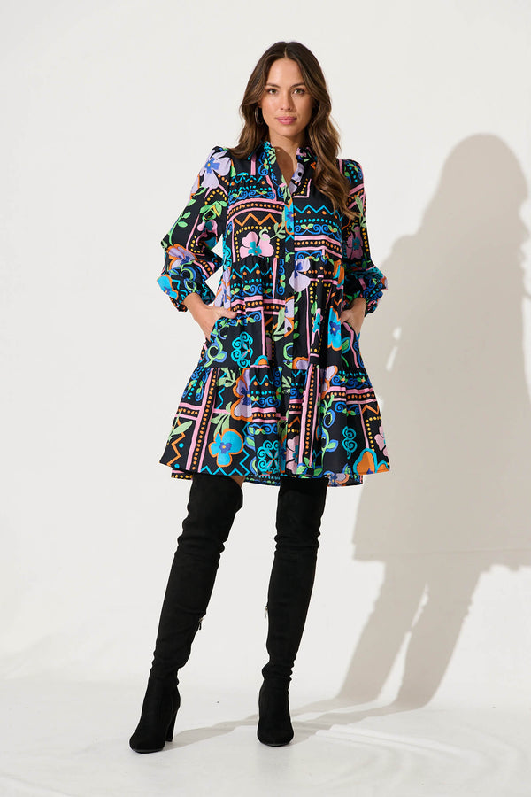 Mahonia Smock Shirt Dress In Black With Multi Cotton – St Frock