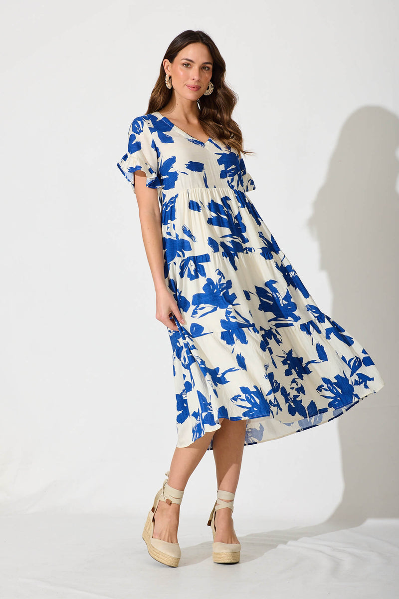 Kristen Midi Smock Dress In Cream With Blue Floral Linen Blend – St Frock