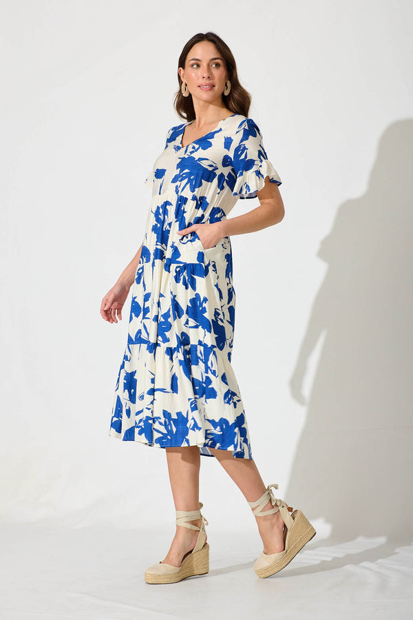 Kristen Midi Smock Dress In Cream With Blue Floral Linen Blend – St Frock