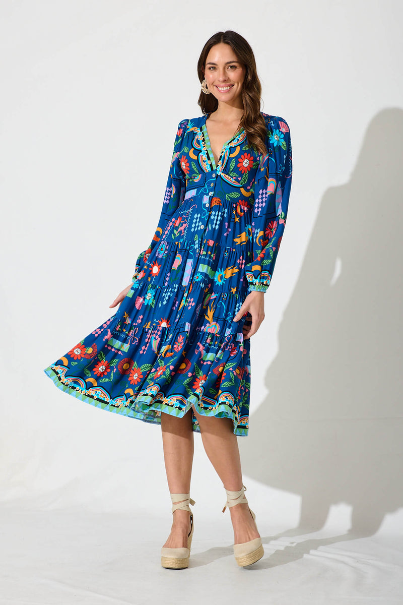 Modical Midi Dress In Blue With Multi Print – St Frock