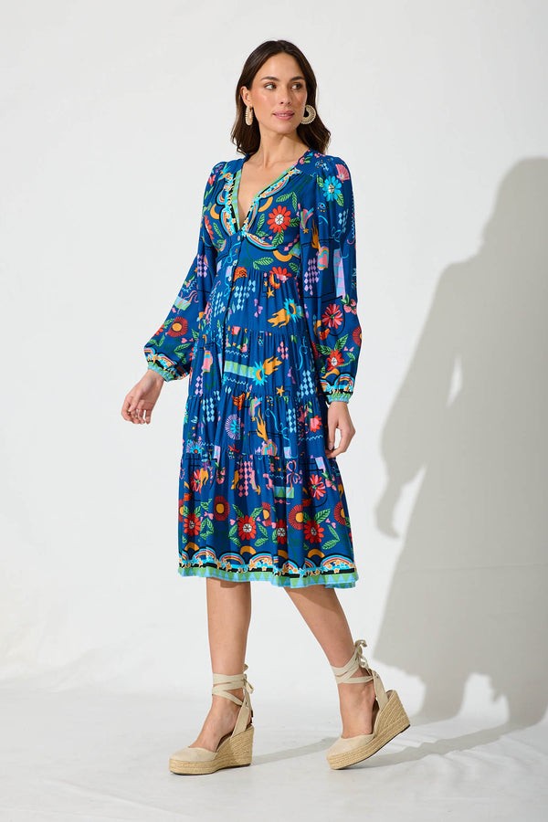 Modical Midi Dress In Blue With Multi Print – St Frock