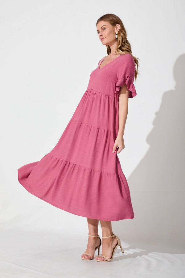 Kristen Midi Smock Dress In Deep Rose Linen Blend – St Frock