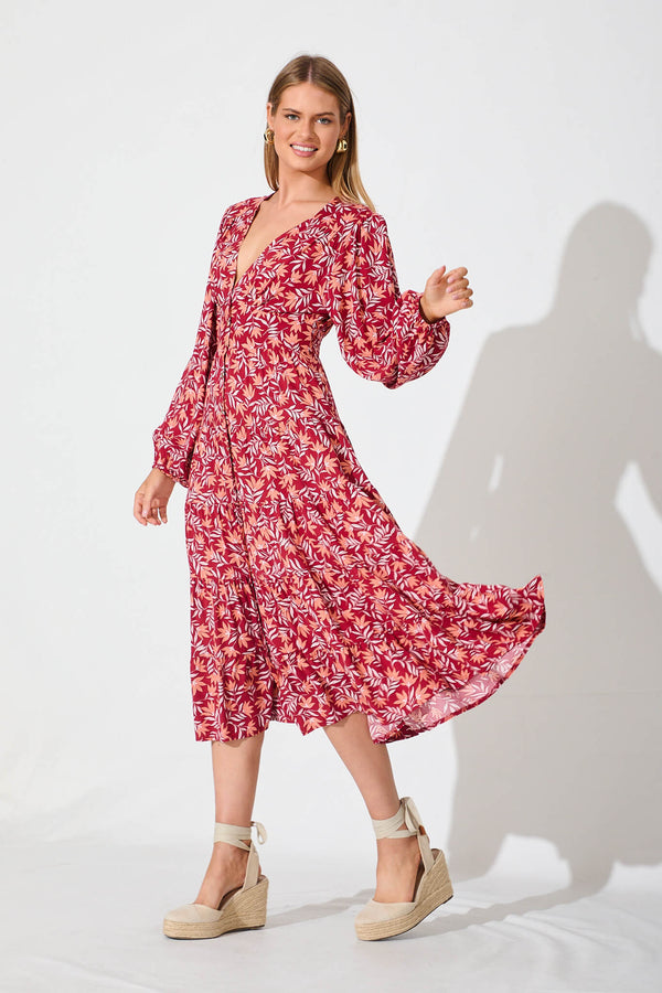 Modical Midi Dress In Rust With Multi Floral Print – St Frock