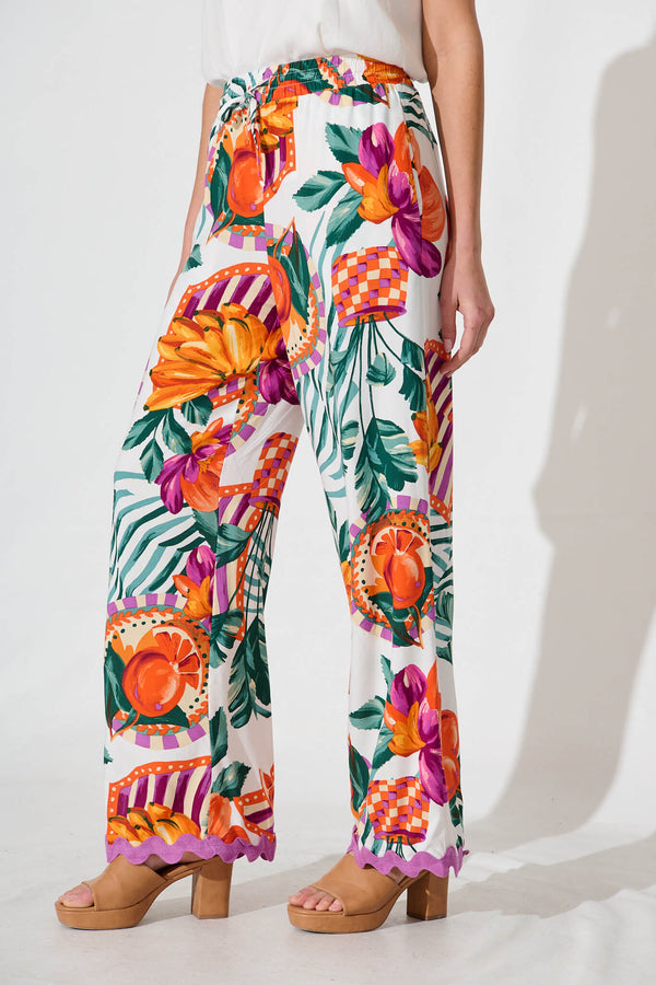 Palmira Pants In White Multi With Ric Rac Trim – St Frock