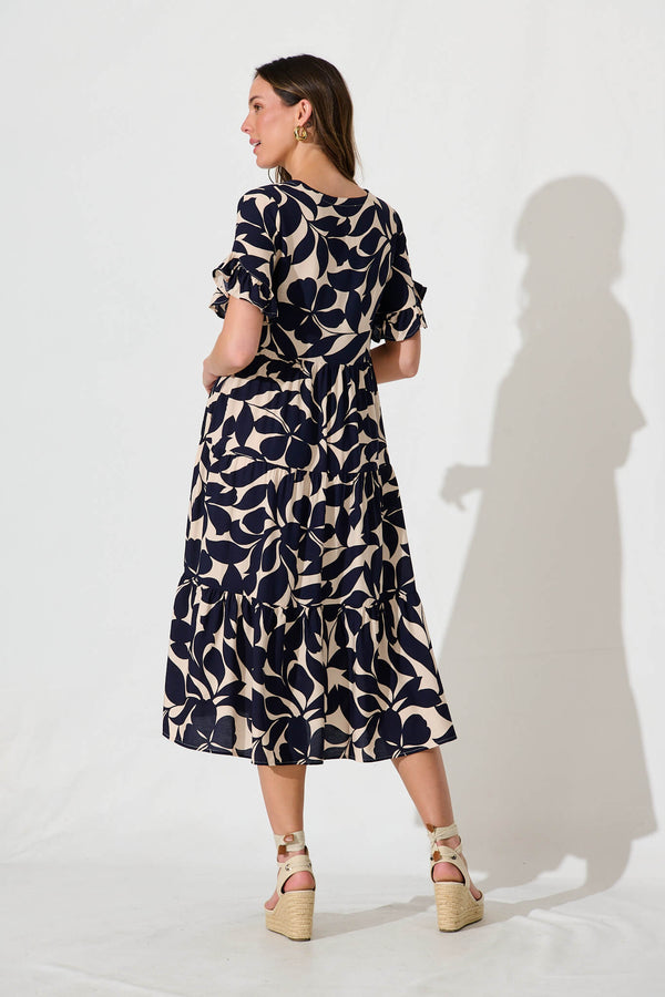 Kristen Midi Smock Dress In Beige With Navy Floral – St Frock