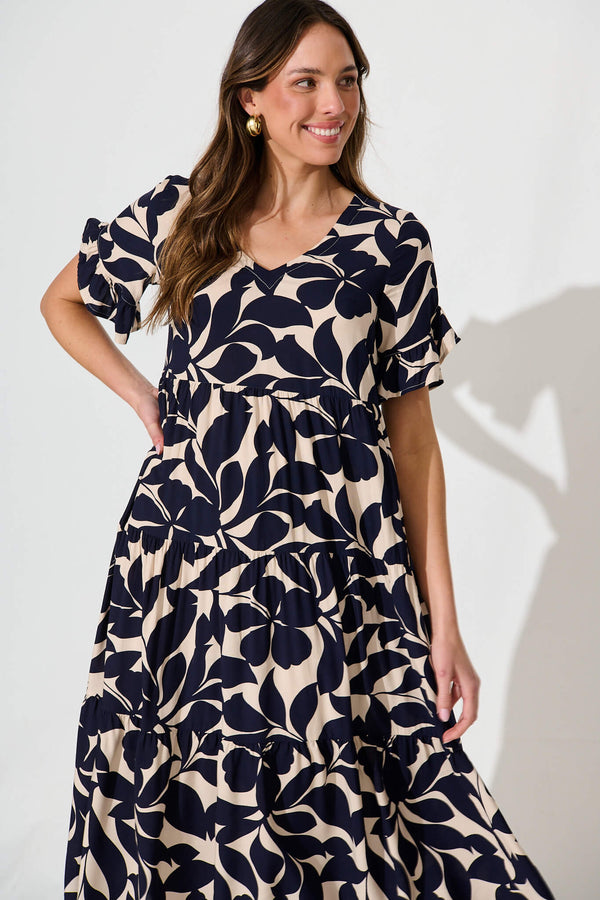 Kristen Midi Smock Dress In Beige With Navy Floral – St Frock